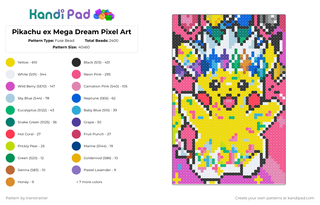 Pikachu ex Mega Dream Pixel Art Fuse Bead Pattern - Kandi Pad | Kandi ...
