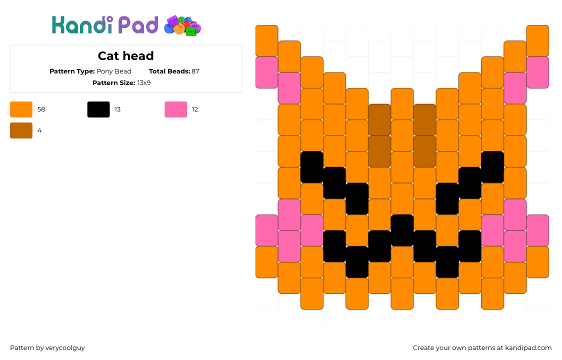 Cat head Pony Bead Pattern - Kandi Pad | Kandi Patterns, Fuse Bead ...