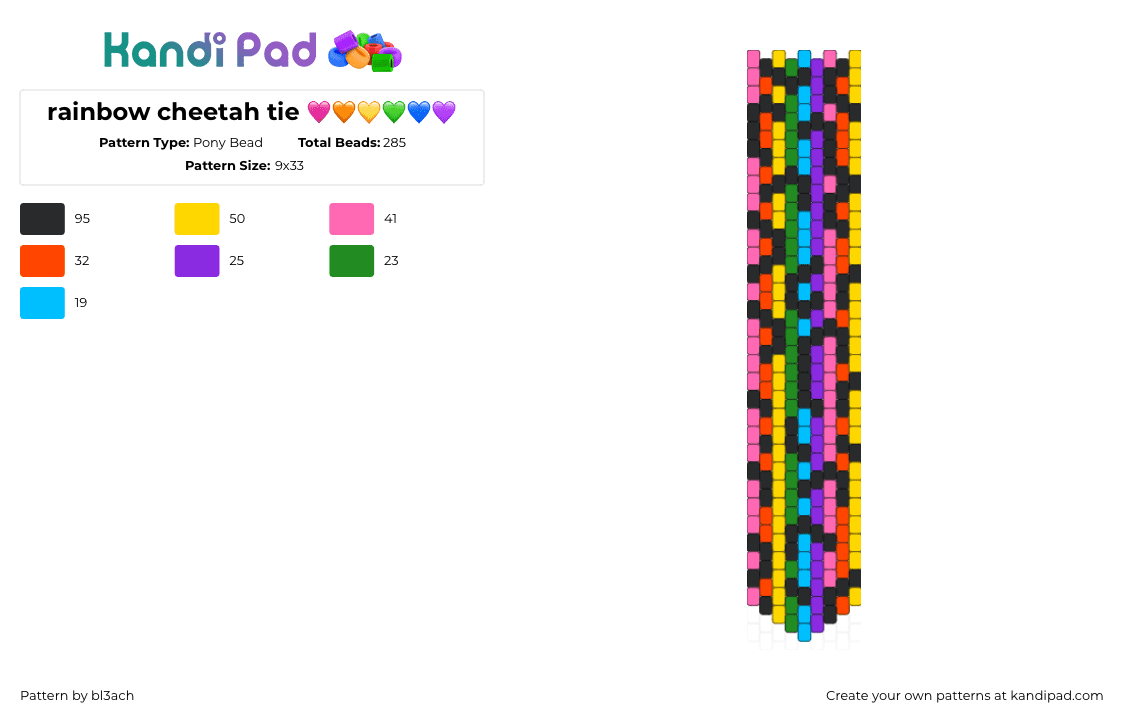 Rainbow cheetah tie 🩷🧡💛💚💙💜 Pony Bead Pattern - Kandi Pad | Kandi ...