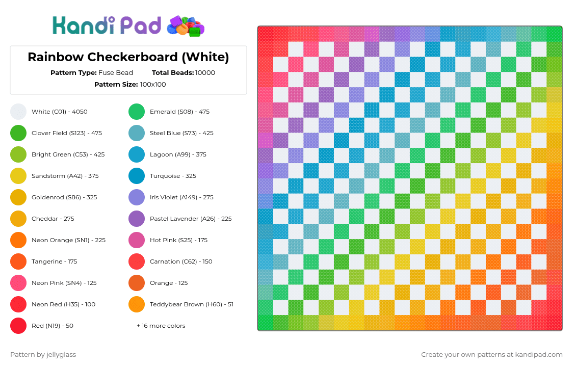 Rainbow Checkerboard (White) Fuse Bead Pattern - Kandi Pad | Kandi ...