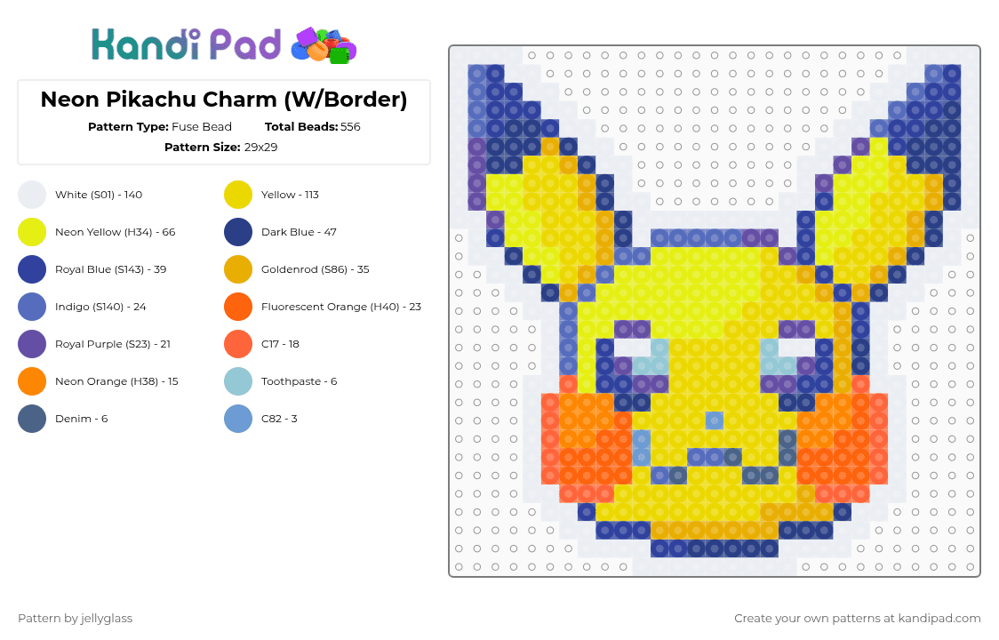 Neon Pikachu Charm (W/Border) Fuse Bead Pattern - Kandi Pad | Kandi ...