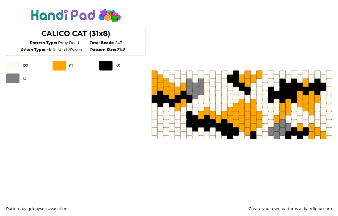 CALICO CAT (31x8) Pony Bead Pattern - Kandi Pad | Kandi Patterns, Fuse ...