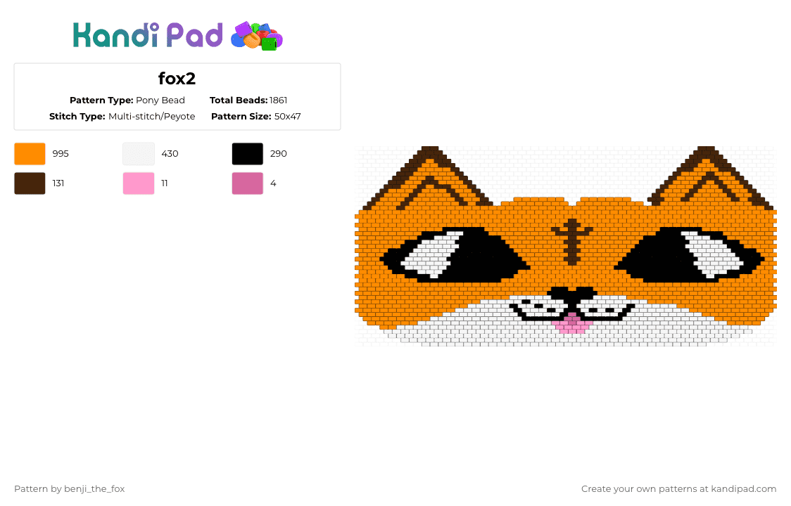 Fox2 Pony Bead Pattern - Kandi Pad | Kandi Patterns, Fuse Bead Patterns ...