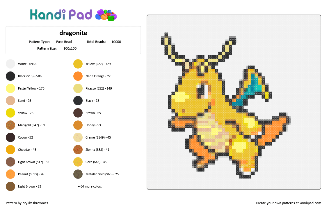 Dragonite Fuse Bead Pattern - Kandi Pad | Kandi Patterns, Fuse Bead ...