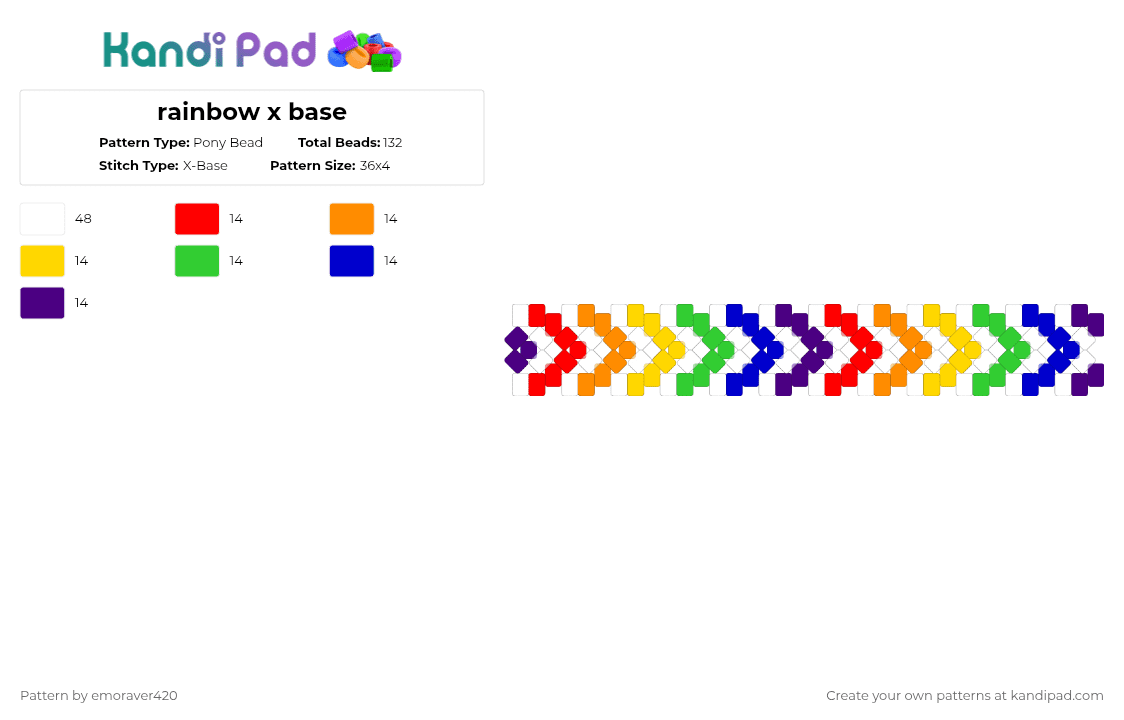 Rainbow x base Pony Bead Pattern - Kandi Pad | Kandi Patterns, Fuse ...
