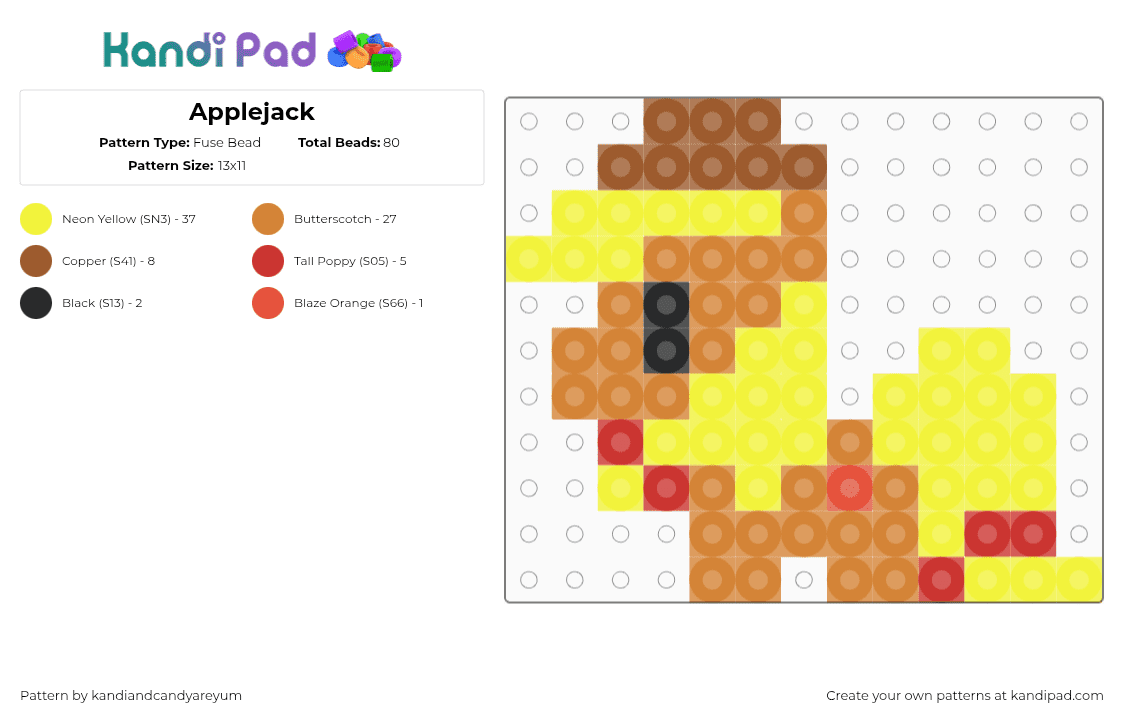 Applejack Fuse Bead Pattern - Kandi Pad | Kandi Patterns, Fuse Bead ...