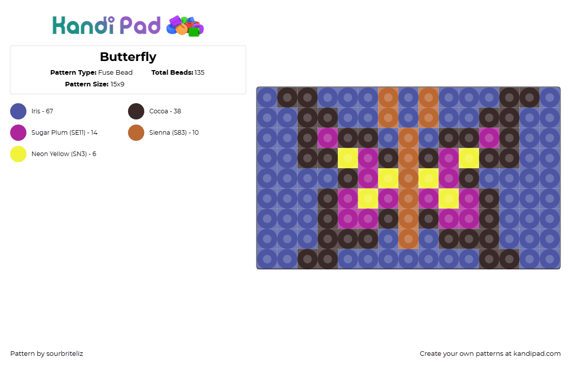 Butterfly Fuse Bead Pattern - Kandi Pad | Kandi Patterns, Fuse Bead ...