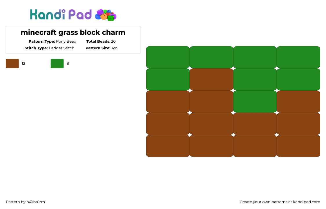Minecraft grass block charm Pony Bead Pattern - Kandi Pad | Kandi ...