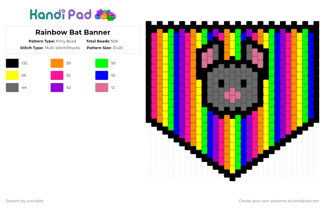 Rainbow Bat Banner Pony Bead Pattern - Kandi Pad | Kandi Patterns, Fuse ...