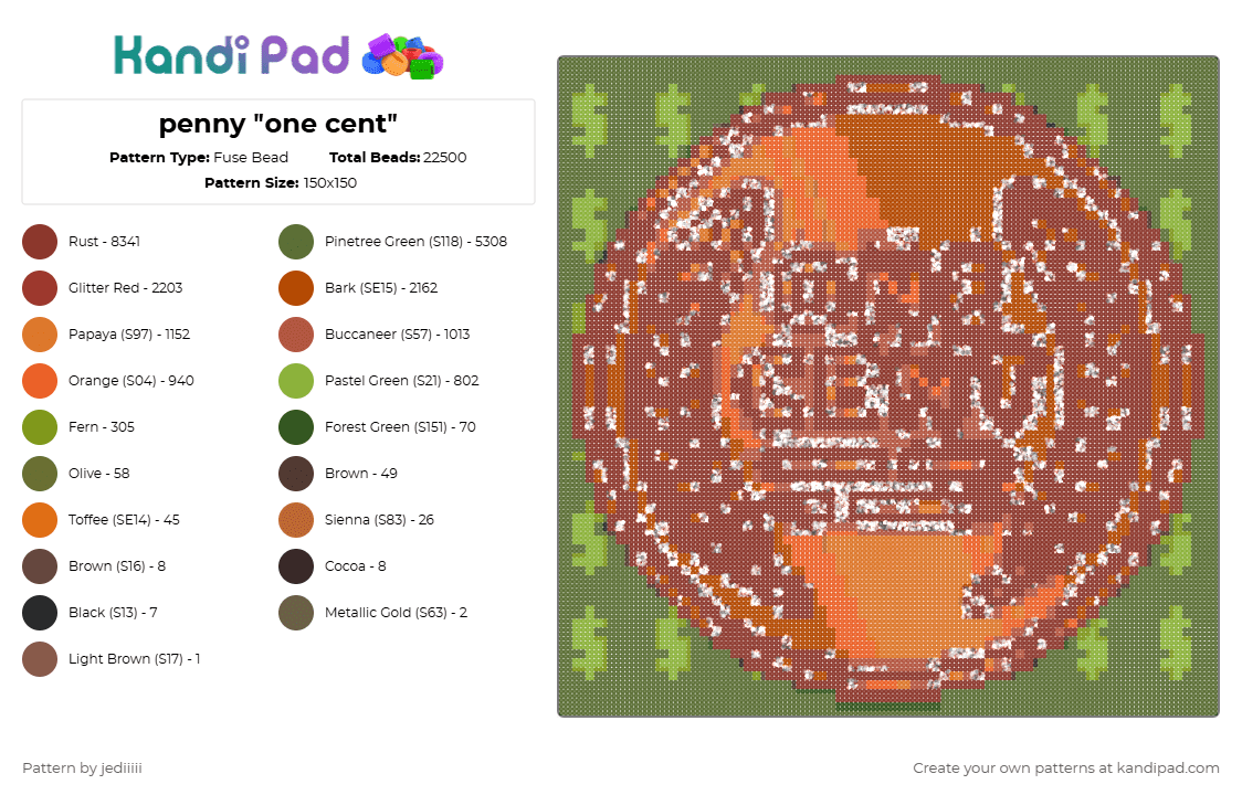 Penny "one cent" Fuse Bead Pattern - Kandi Pad | Kandi Patterns, Fuse ...