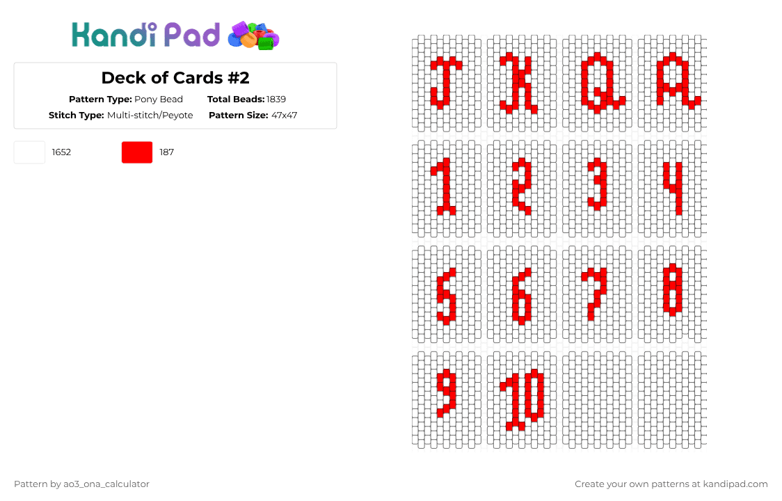 Deck of Cards #2 Pony Bead Pattern - Kandi Pad | Kandi Patterns, Fuse ...