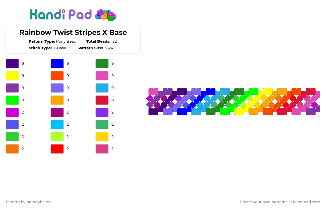 Rainbow Twist Stripes X Base Pony Bead Pattern - Kandi Pad | Kandi ...