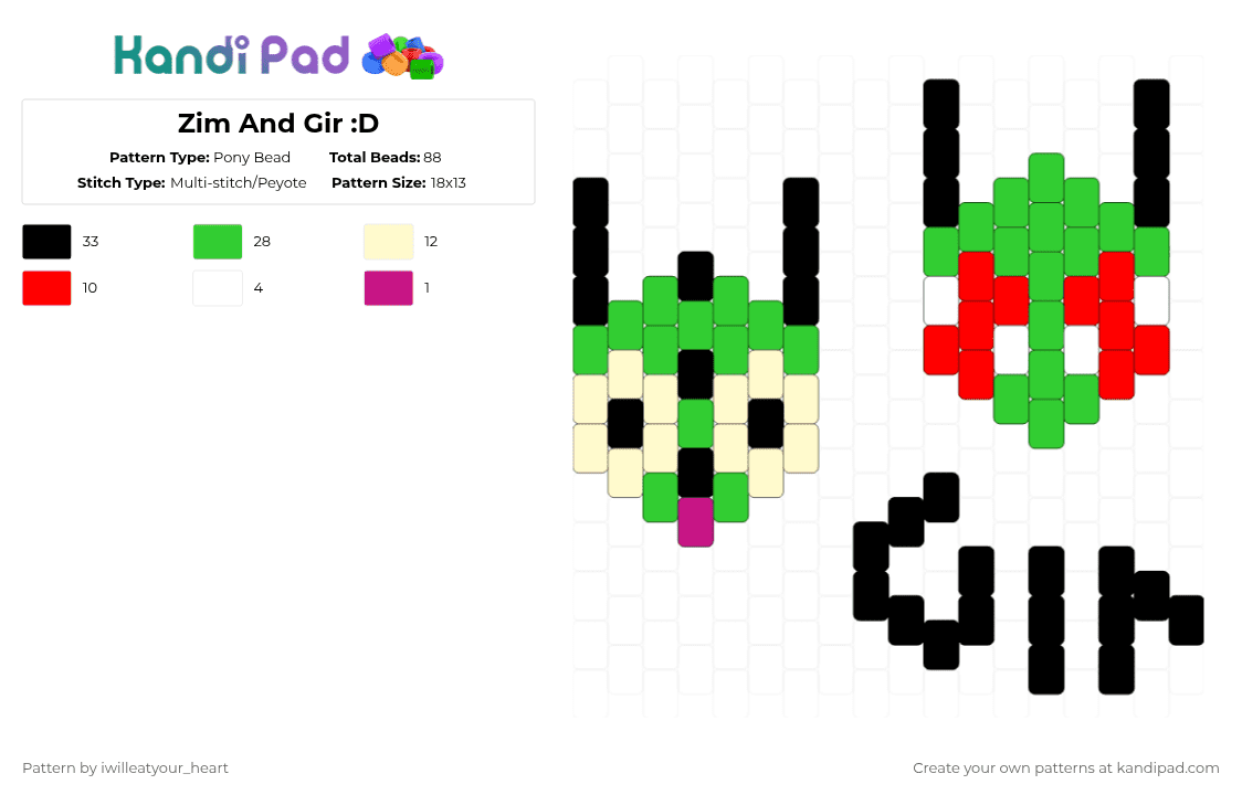 Zim And Gir :D Pony Bead Pattern - Kandi Pad | Kandi Patterns, Fuse ...