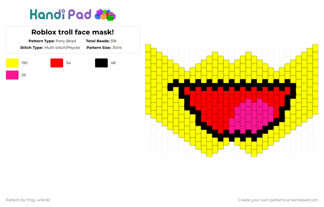 Roblox troll face mask! Pony Bead Pattern - Kandi Pad | Kandi Patterns ...