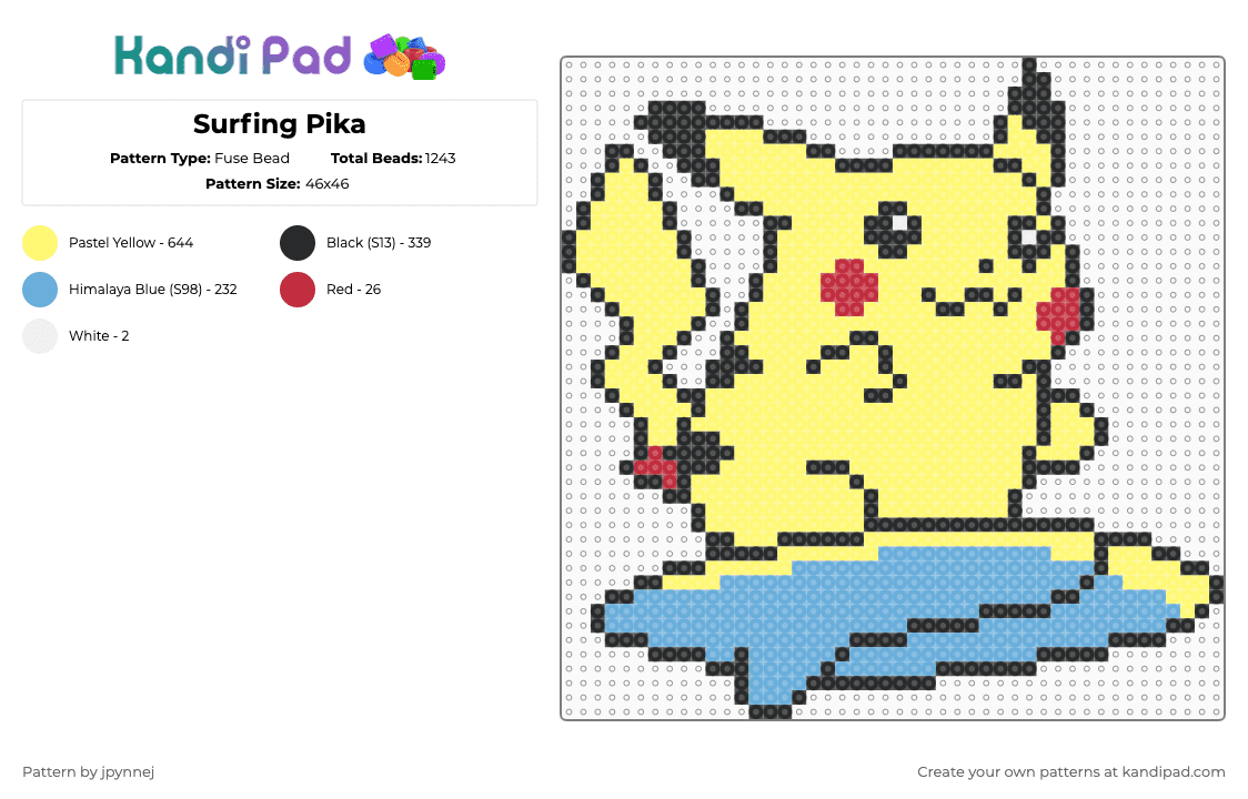 Surfing Pika Fuse Bead Pattern - Kandi Pad | Kandi Patterns, Fuse Bead ...