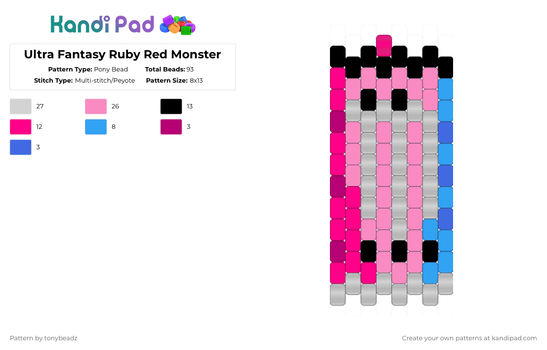 Ultra Fantasy Ruby Red Monster Pony Bead Pattern - Kandi Pad | Kandi ...