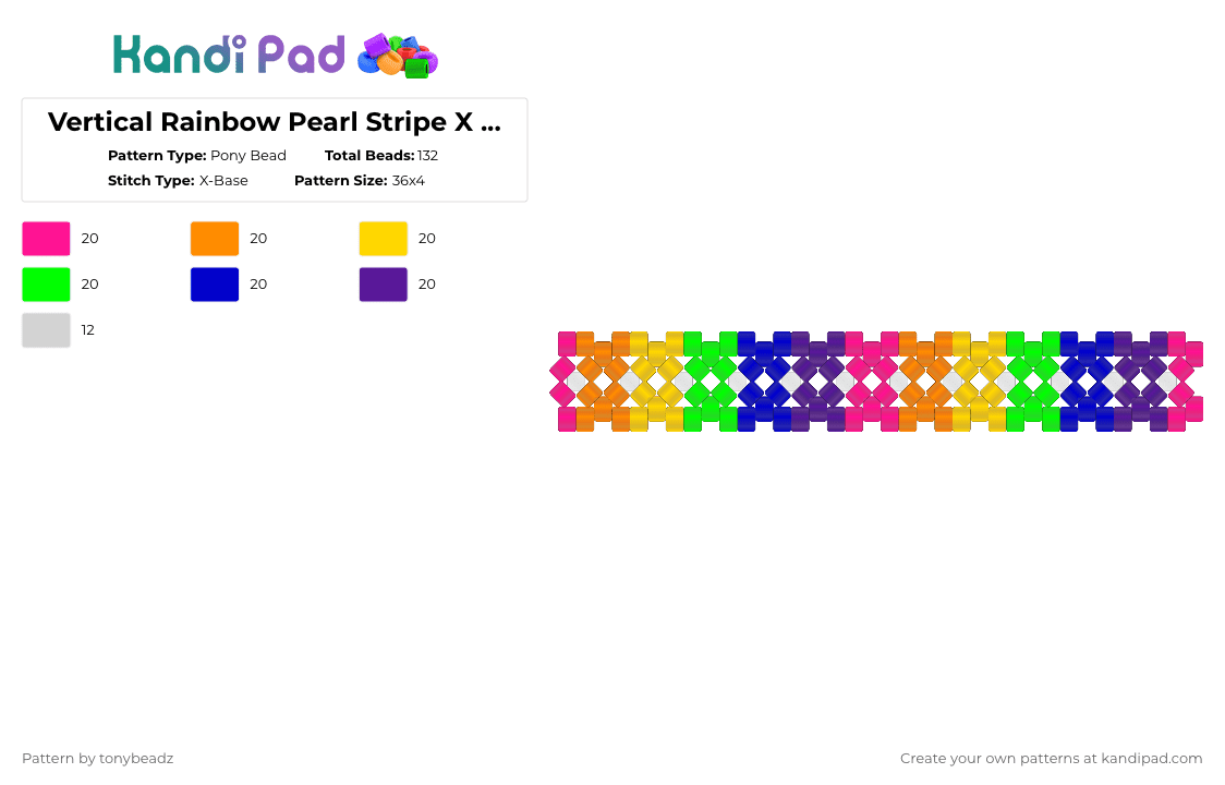 Vertical Rainbow Pearl Stripe X Base Pony Bead Pattern - Kandi Pad ...