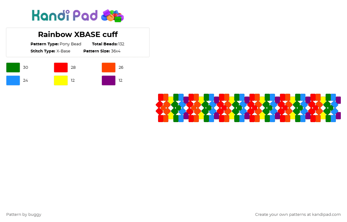 Rainbow XBASE cuff Pony Bead Pattern - Kandi Pad | Kandi Patterns, Fuse ...