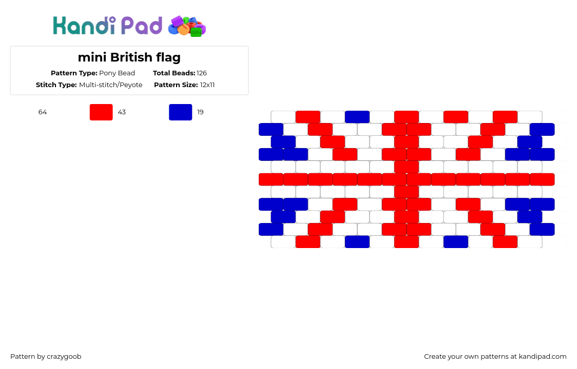Mini British flag Pony Bead Pattern - Kandi Pad | Kandi Patterns, Fuse ...