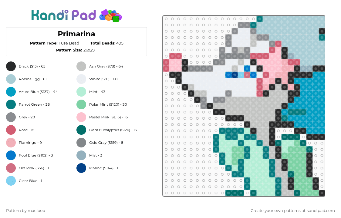 Primarina Fuse Bead Pattern - Kandi Pad | Kandi Patterns, Fuse Bead ...