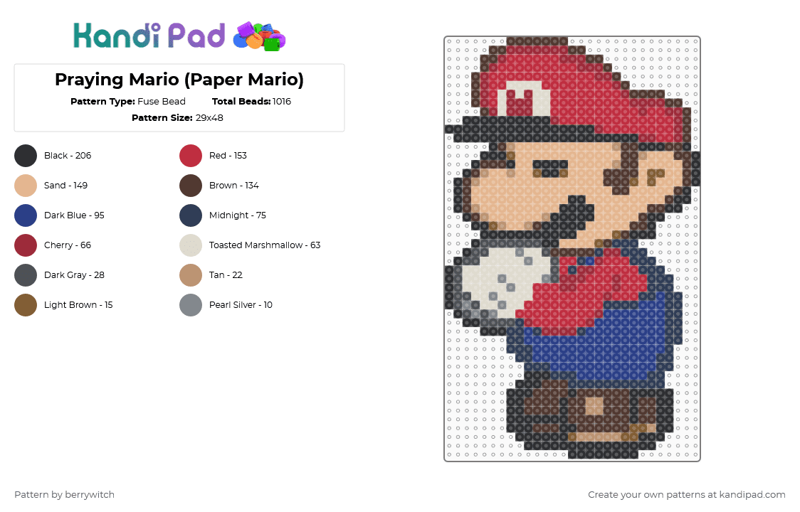 Praying Mario (Paper Mario) Fuse Bead Pattern - Kandi Pad | Kandi ...