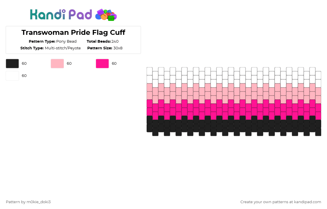 Transwoman Pride Flag Cuff Pony Bead Pattern - Kandi Pad | Kandi ...