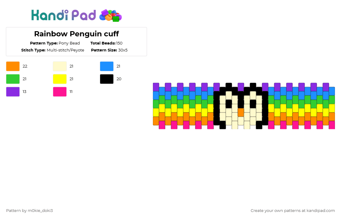 Rainbow Penguin cuff Pony Bead Pattern - Kandi Pad | Kandi Patterns ...