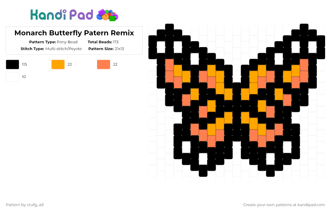 Monarch Butterfly Patern Remix Pony Bead Pattern - Kandi Pad | Kandi ...