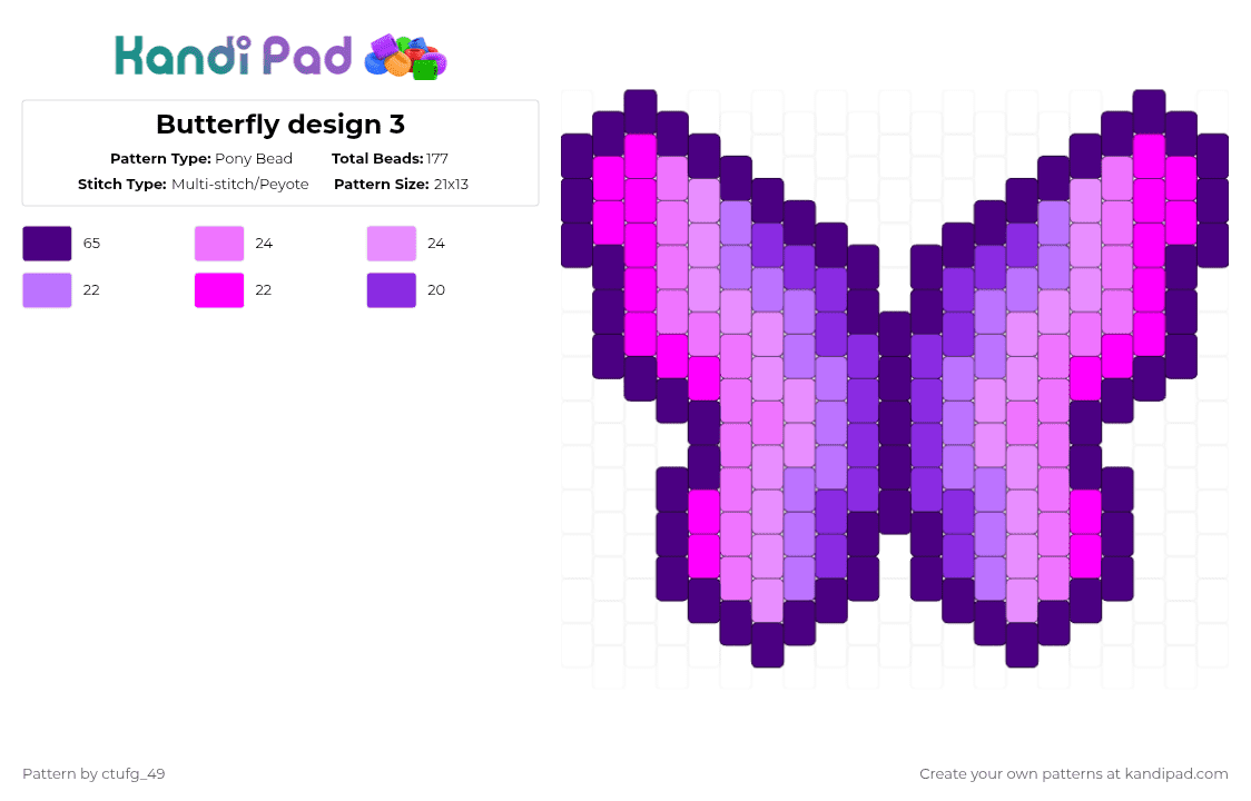 Butterfly design 3 Pony Bead Pattern - Kandi Pad | Kandi Patterns, Fuse ...