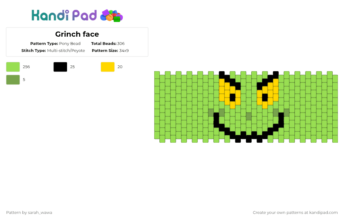 Grinch face Pony Bead Pattern - Kandi Pad | Kandi Patterns, Fuse Bead ...
