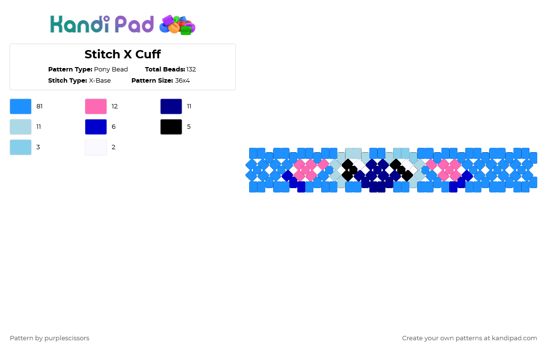 Stitch X Cuff Pony Bead Pattern - Kandi Pad | Kandi Patterns, Fuse Bead ...