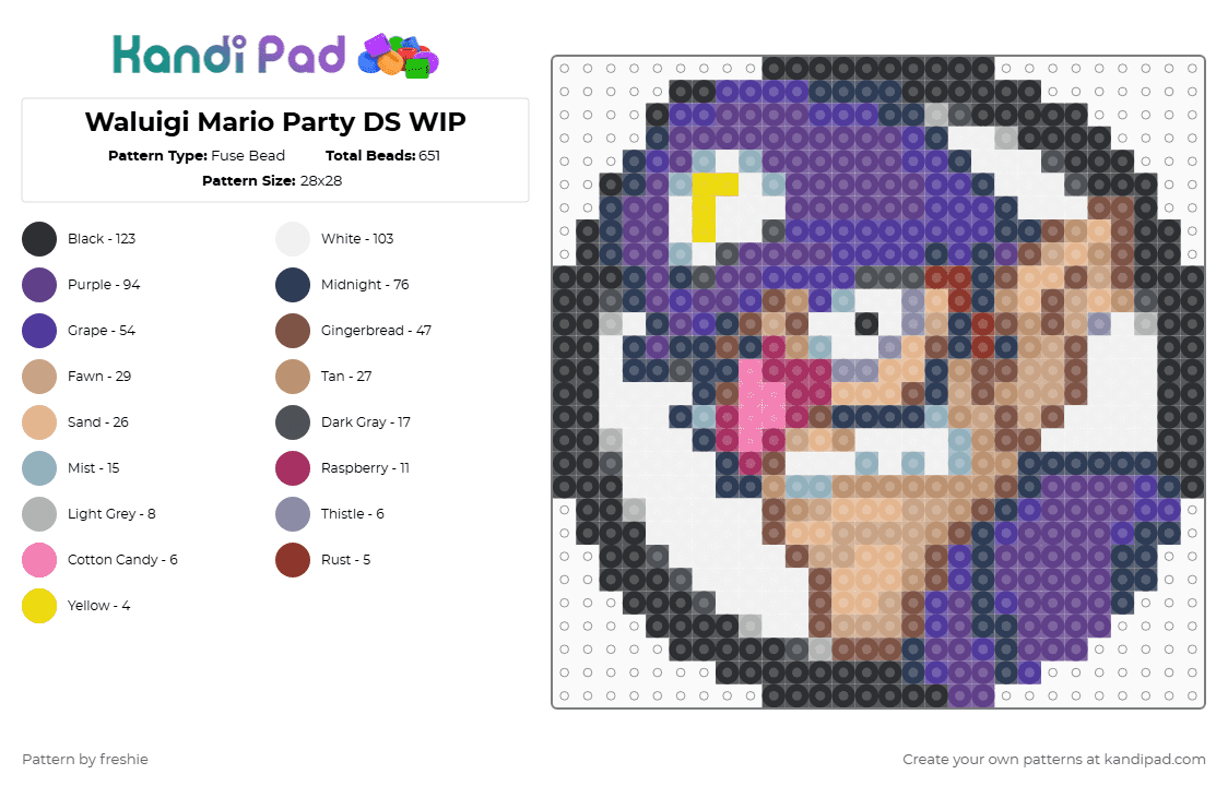 Waluigi Mario Party DS WIP Fuse Bead Pattern - Kandi Pad | Kandi ...