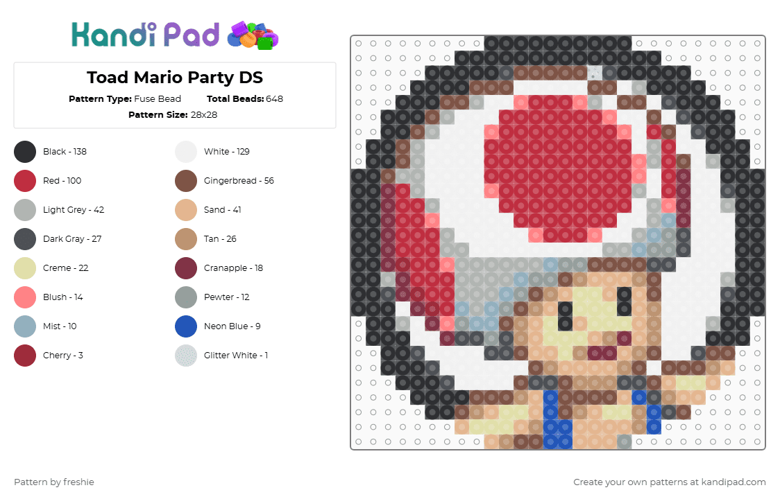 Toad Mario Party DS Fuse Bead Pattern - Kandi Pad | Kandi Patterns ...