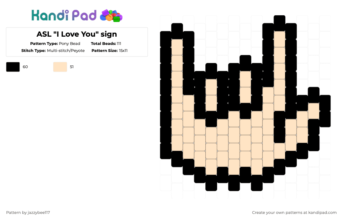 ASL "I Love You" sign Pony Bead Pattern - Kandi Pad | Kandi Patterns ...