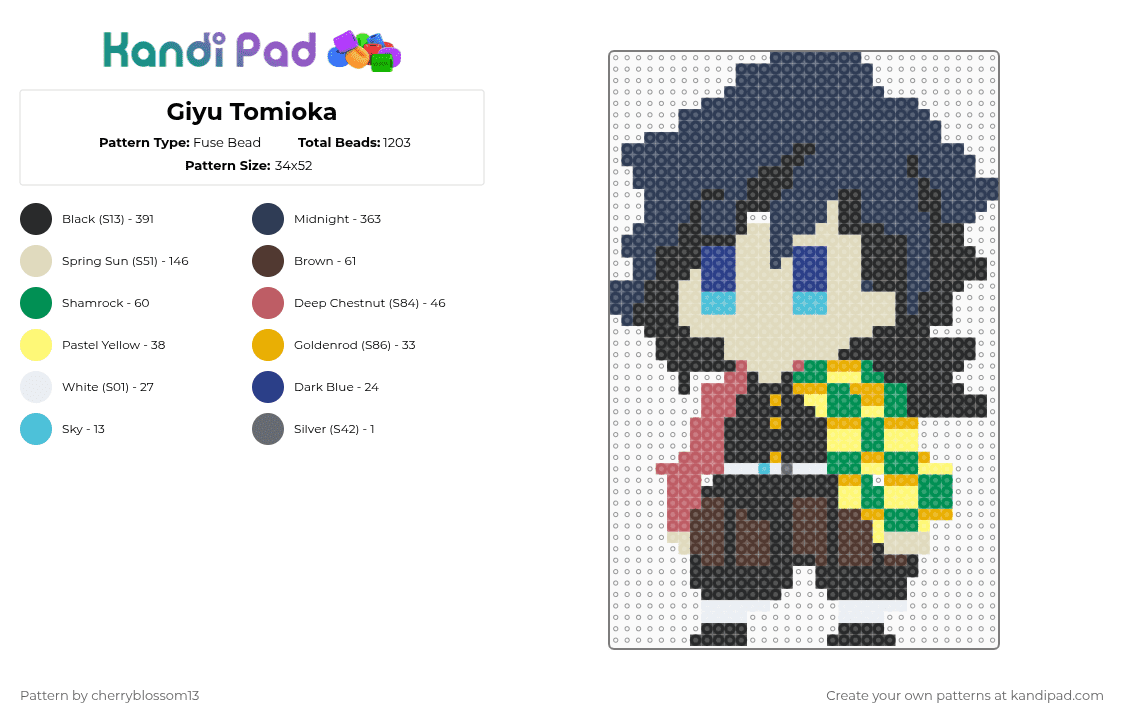 Giyu Tomioka Fuse Bead Pattern - Kandi Pad | Kandi Patterns, Fuse Bead ...