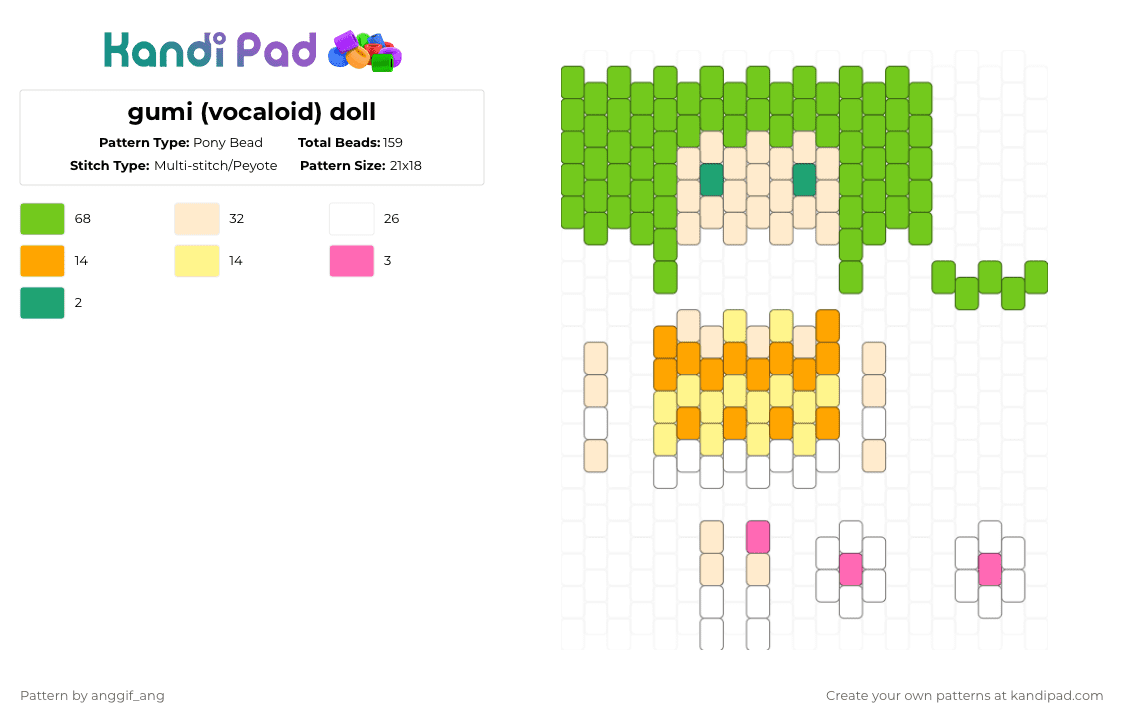 Gumi (vocaloid) doll Pony Bead Pattern - Kandi Pad | Kandi Patterns ...