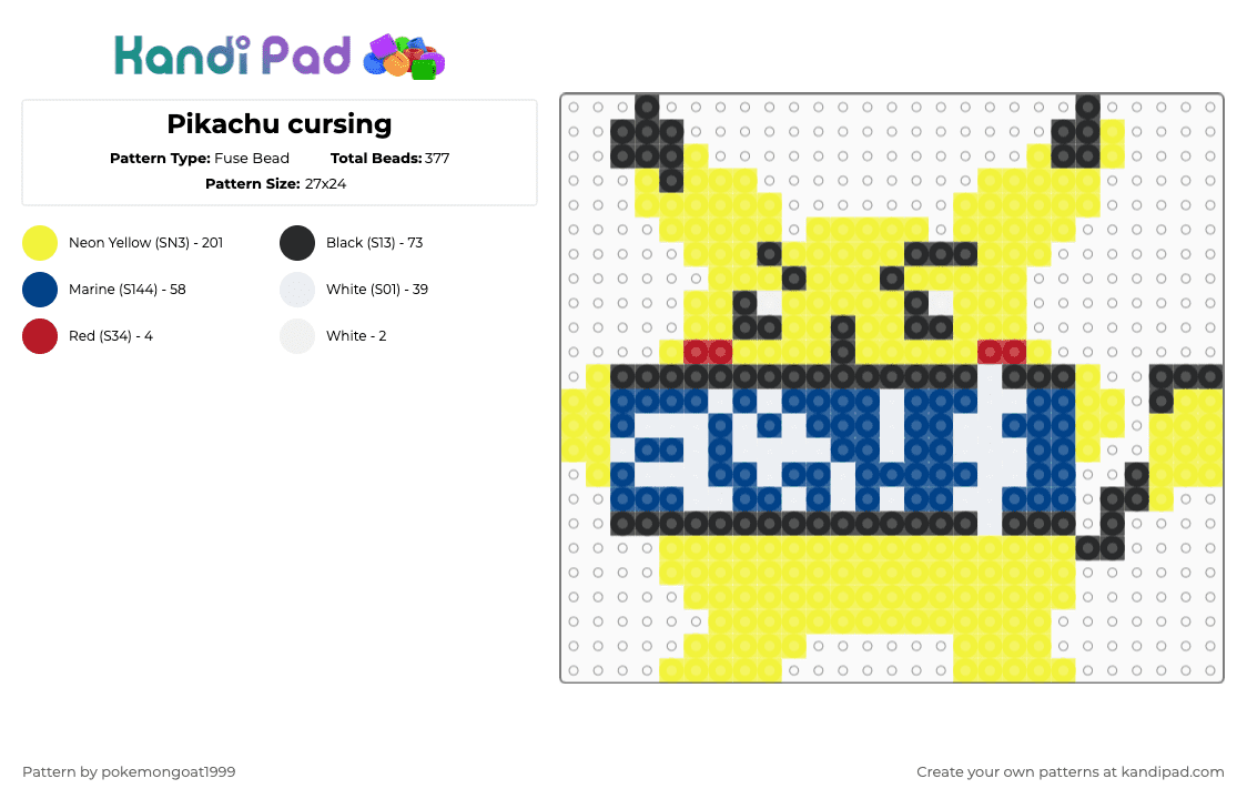 Pikachu cursing Fuse Bead Pattern - Kandi Pad | Kandi Patterns, Fuse ...