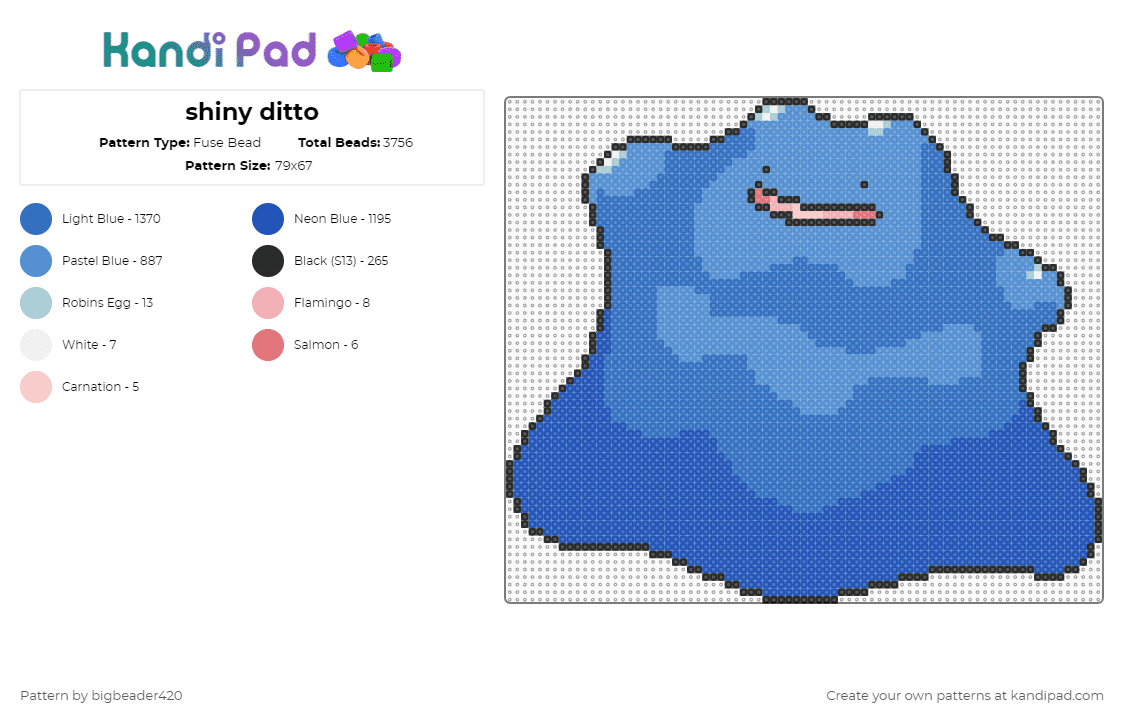 Shiny ditto Fuse Bead Pattern - Kandi Pad | Kandi Patterns, Fuse Bead ...