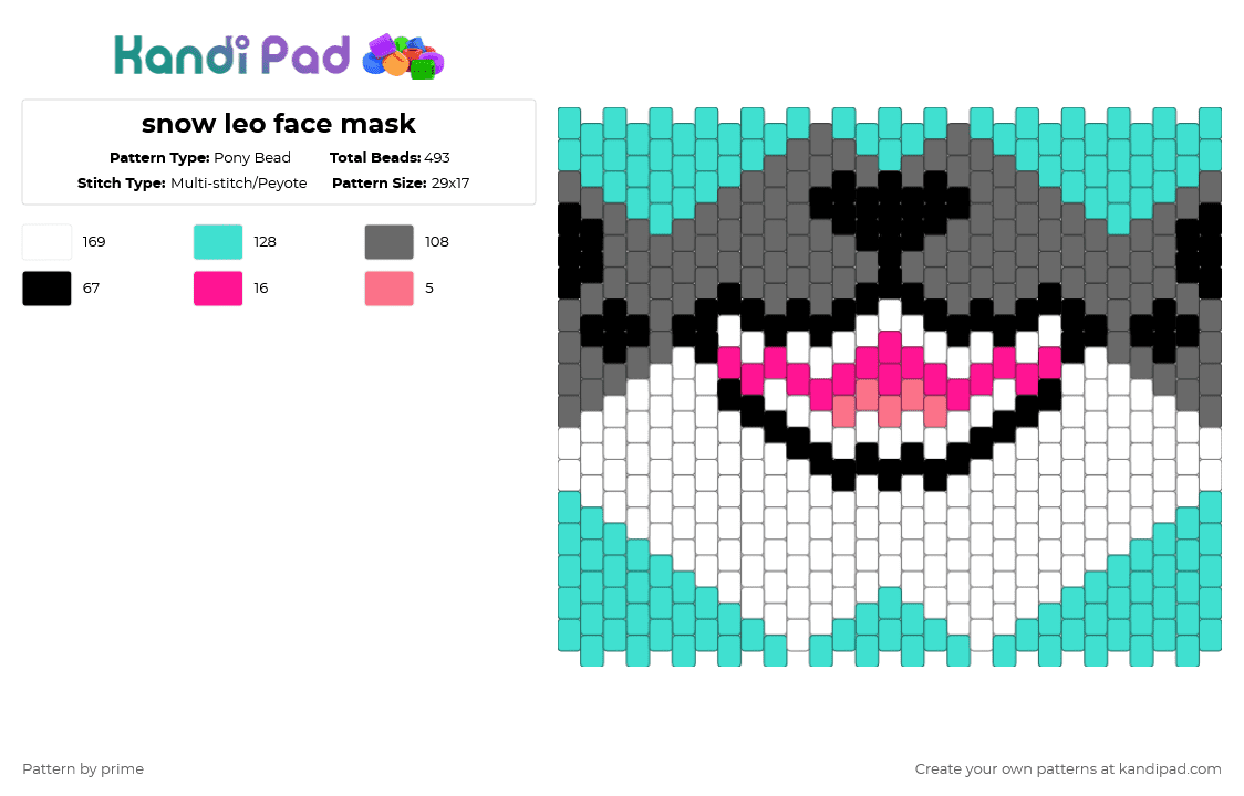 Snow leo face mask Pony Bead Pattern - Kandi Pad | Kandi Patterns, Fuse ...