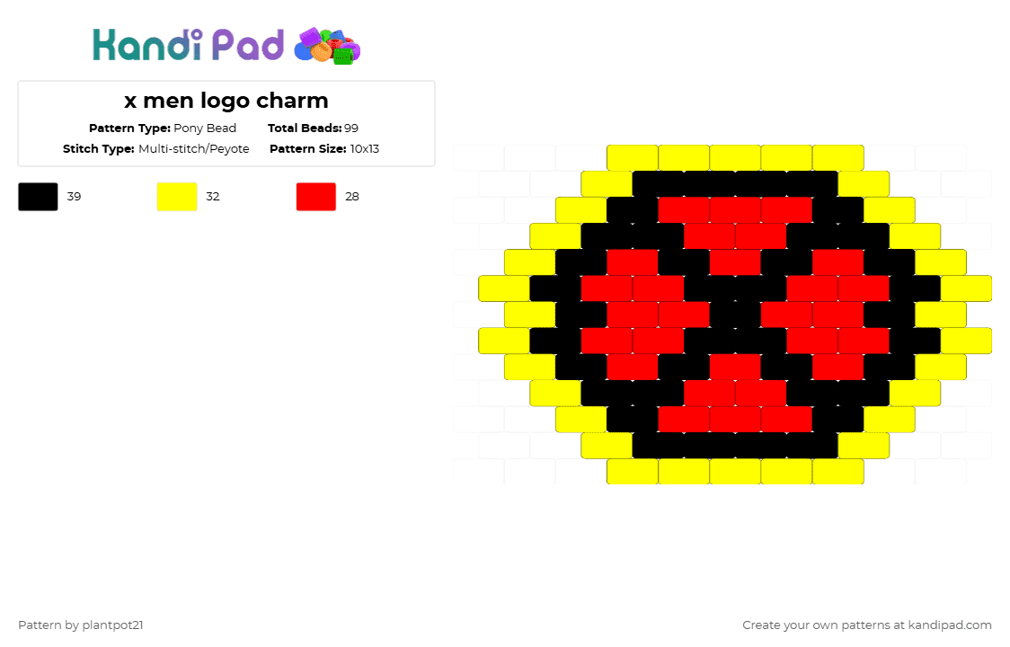 X men logo charm Pony Bead Pattern - Kandi Pad | Kandi Patterns, Fuse ...
