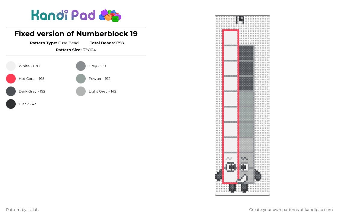Fixed version of Numberblock 19 Fuse Bead Pattern - Kandi Pad | Kandi ...