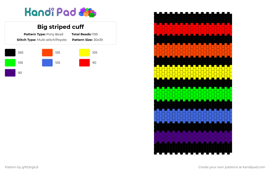 Big striped cuff Pony Bead Pattern - Kandi Pad | Kandi Patterns, Fuse ...