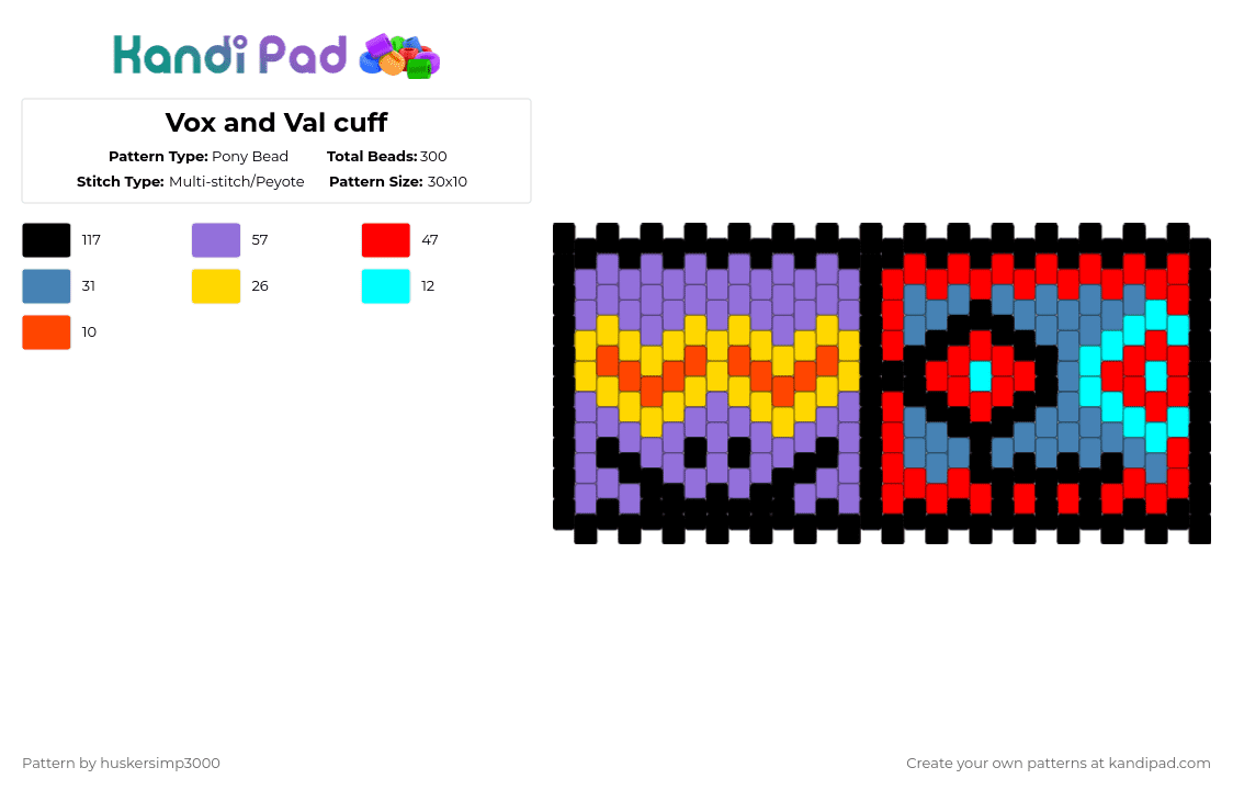 Vox and Val cuff Pony Bead Pattern - Kandi Pad | Kandi Patterns, Fuse ...