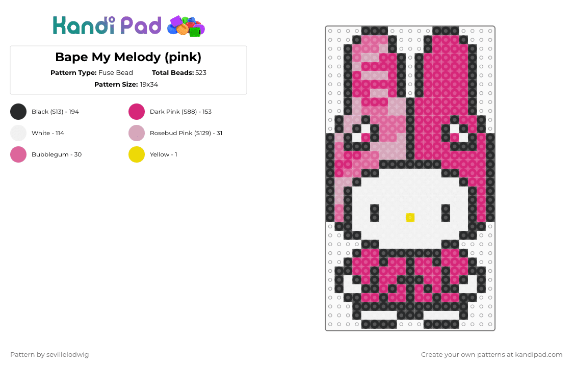 Bape My Melody (pink) Fuse Bead Pattern - Kandi Pad | Kandi Patterns ...