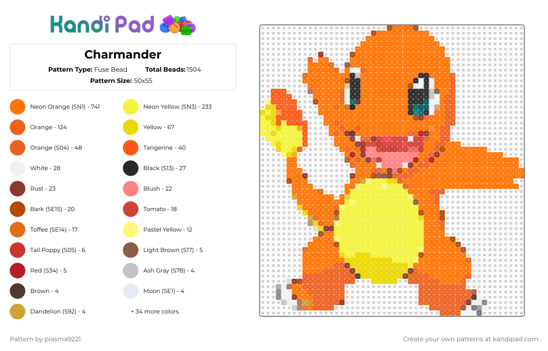 Charmander Fuse Bead Pattern - Kandi Pad | Kandi Patterns, Fuse Bead ...