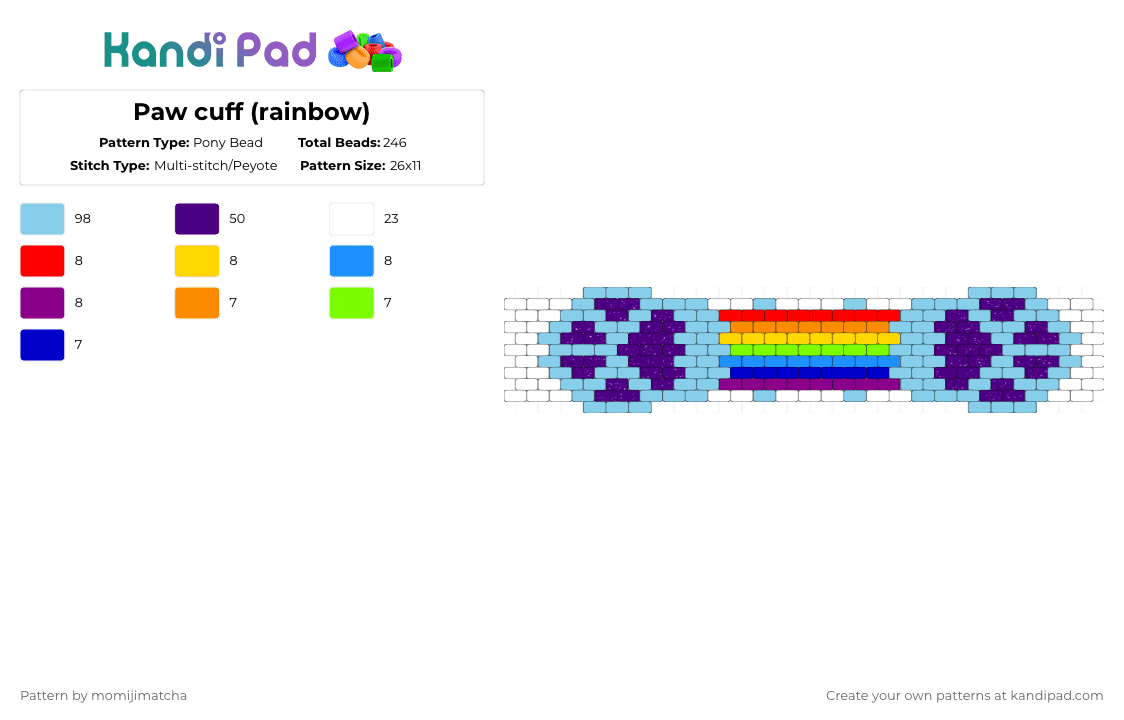 Paw cuff (rainbow) Pony Bead Pattern - Kandi Pad | Kandi Patterns, Fuse ...