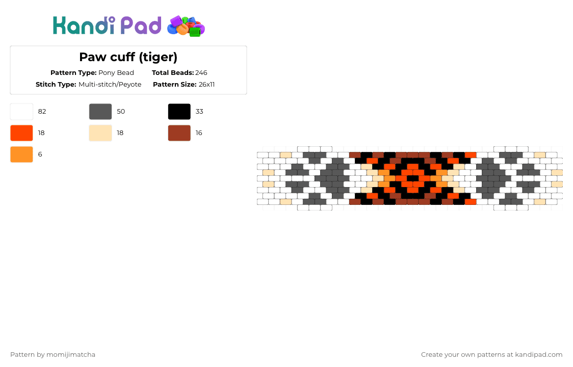 Paw cuff (tiger) Pony Bead Pattern - Kandi Pad | Kandi Patterns, Fuse ...