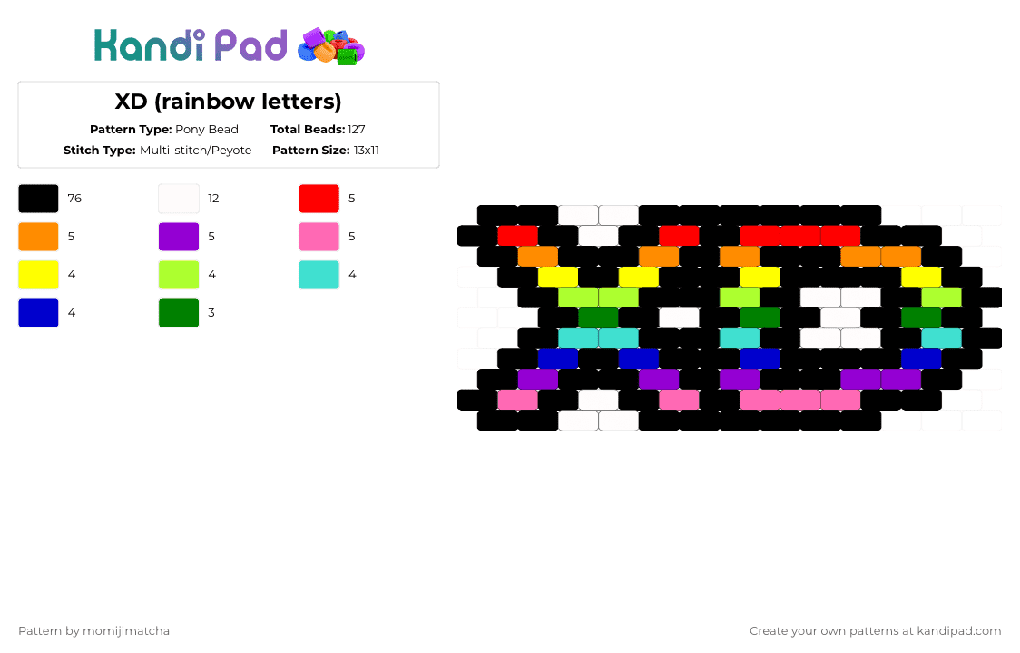XD (rainbow letters) Pony Bead Pattern - Kandi Pad | Kandi Patterns ...