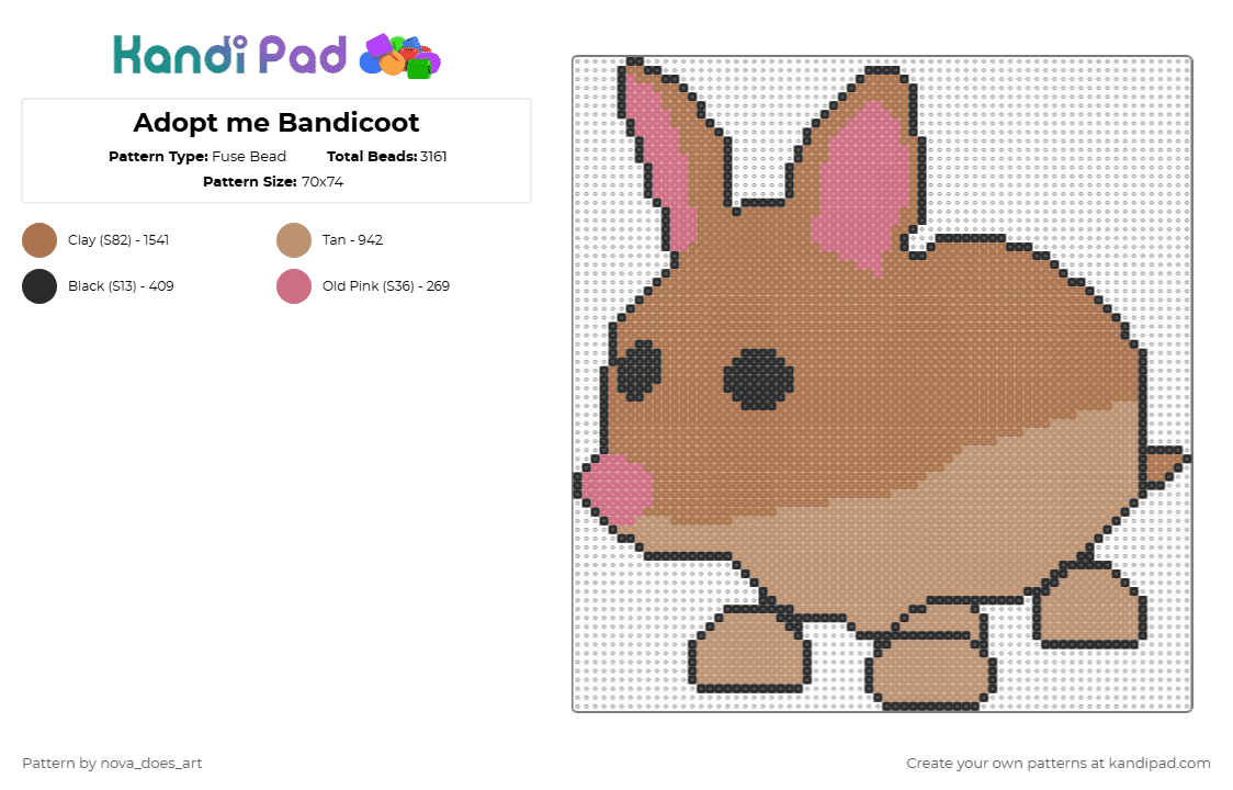 Adopt me Bandicoot Fuse Bead Pattern - Kandi Pad | Kandi Patterns, Fuse ...