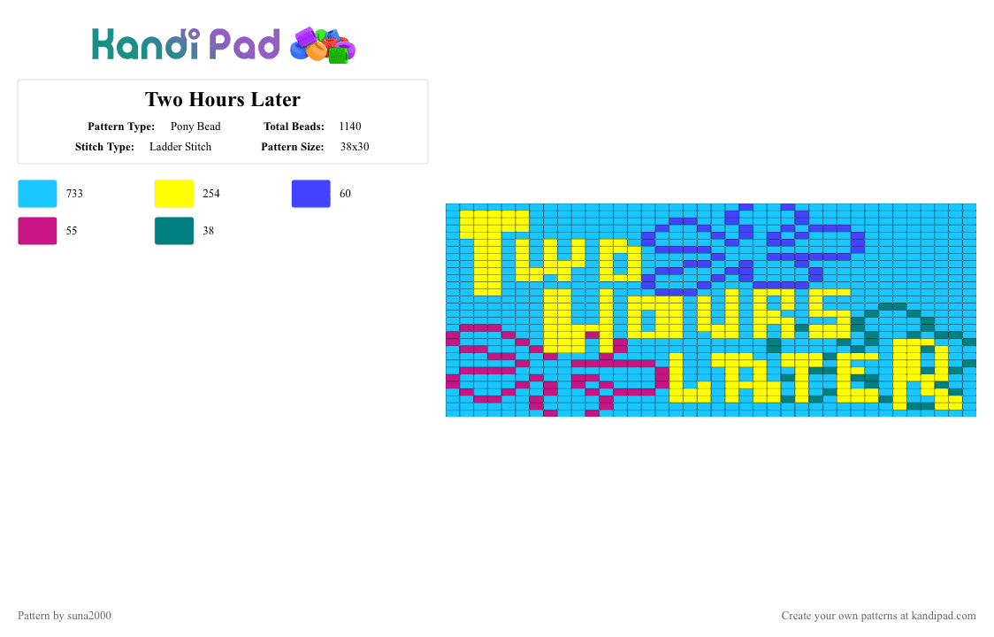 Two Hours Later Pony Bead Pattern - Kandi Pad | Kandi Patterns, Fuse ...